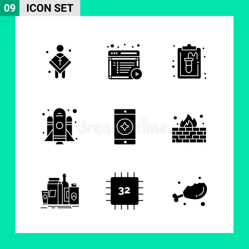 Pack of 9 Solid Style Icon Set. Glyph Symbols for Print. Creative Signs ...