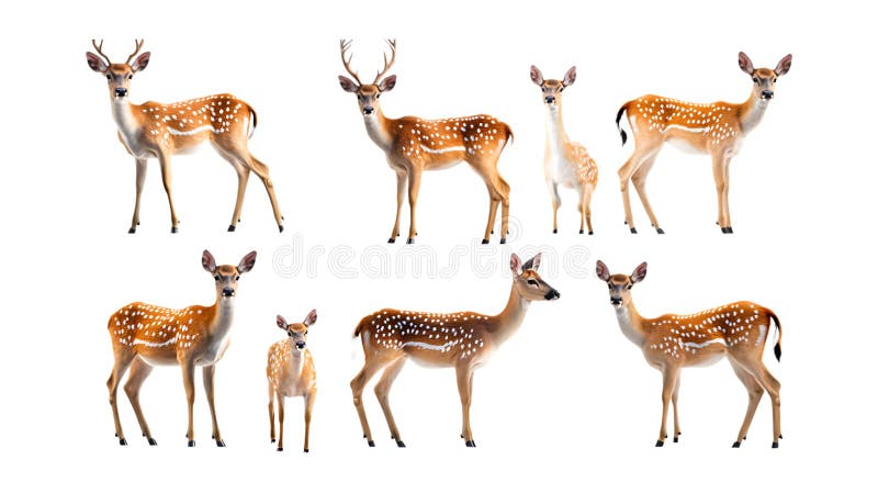 Pack of Spotted Chital Deer in Various Poses on Transparent Background ...