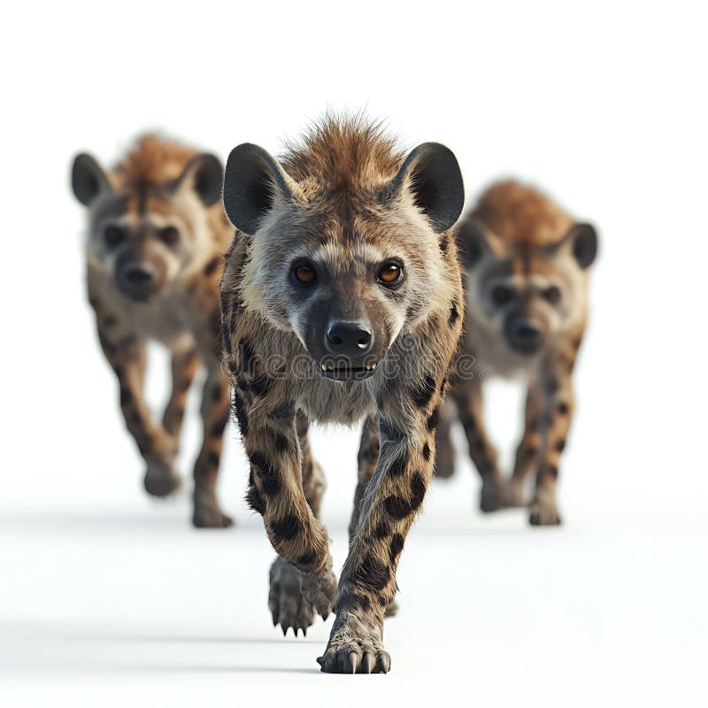 A Pack of Spotted Hyenas Running Towards the Camera Against a White ...