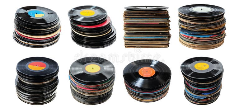 Pack Stack of Vinyl Records Set Against Transparent Background for ...