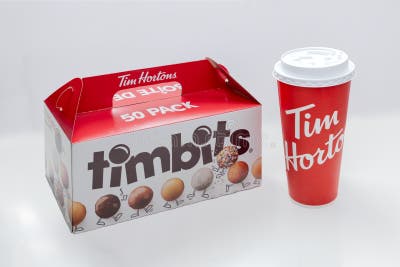 A 50 Pack of Timbits with a Extra Large Tim Hortons Coffee Cup ...