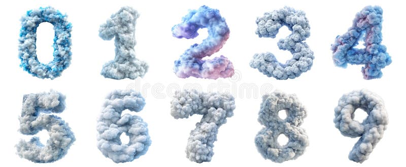 Pack 0 To 9 Numbers Fluffy Clouds Style Set Over Transparent Background ...