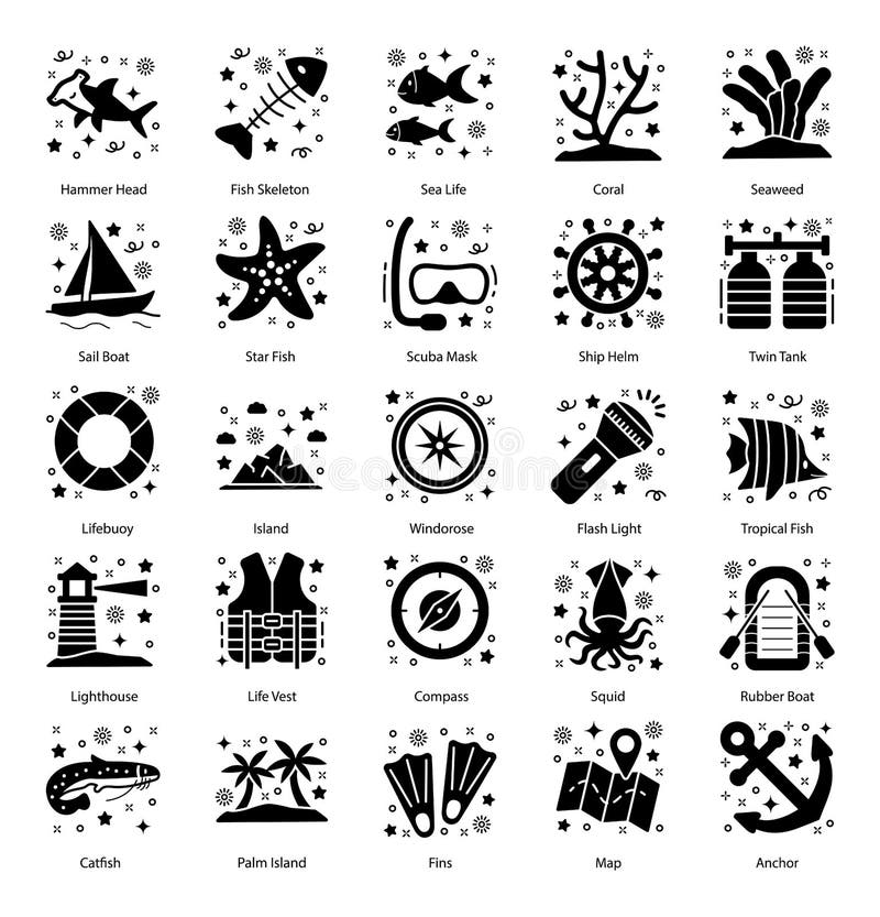 Pack of Underwater Solid Icons Stock Vector - Illustration of light ...