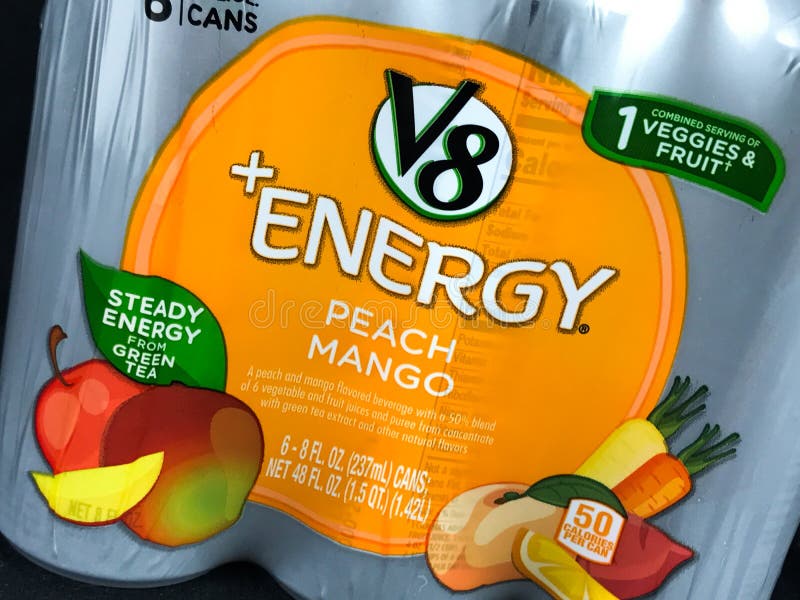 6 Pack of V8 Plus Energy on a Black Backdrop Editorial Stock Image ...