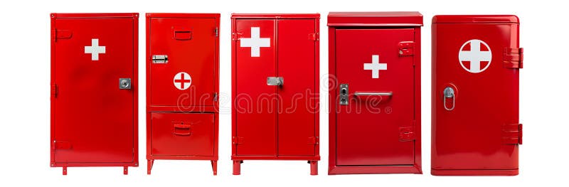 Pack of Vertical Red First Aid Cabinet Set on Transparent Background ...