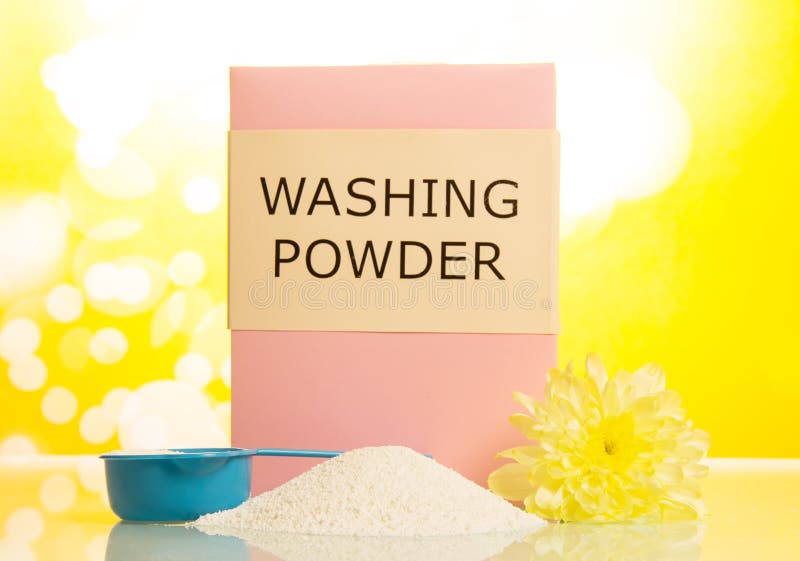Pack Washing Powder, Bunch in Measuring Cup on Abstract Yellow. Stock ...