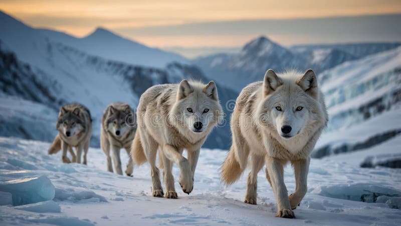A Pack of White Wolves Traversing a Snowy Landscape at Sunset Stock ...