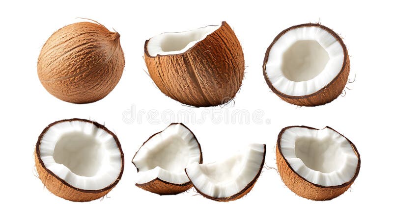 Pack of Whole and Halved Coconuts on Transparent Background Stock ...
