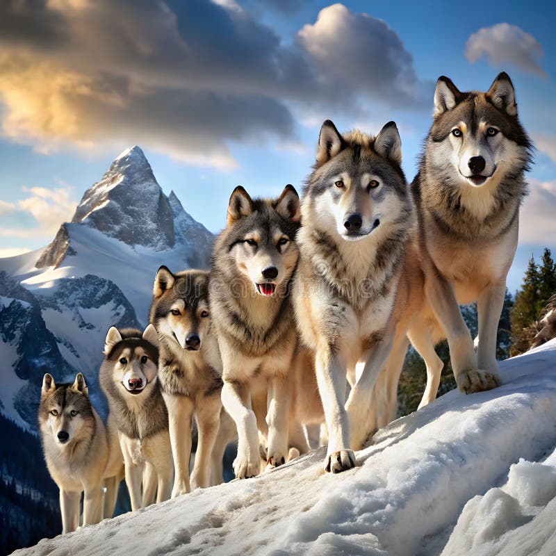 Pack of Wolfs Going on a Mountain Stock Illustration - Illustration of ...