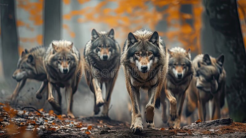 Pack of Wolves in the Autumn Forest , Predators Hunting, Attack of Wild ...