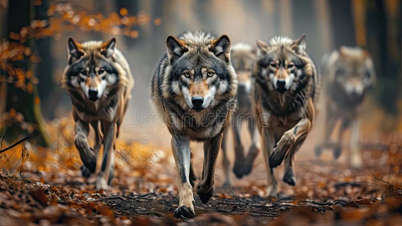 Pack of Wolves in the Autumn Forest , Predators Hunting, Attack of Wild ...