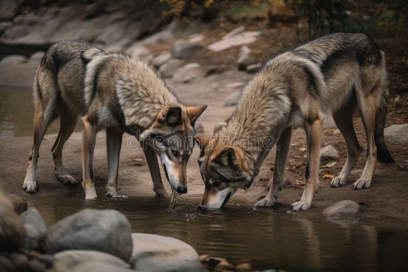 A Pack of Wolves Drinking from a Mountain Stream. Generative AI Stock ...