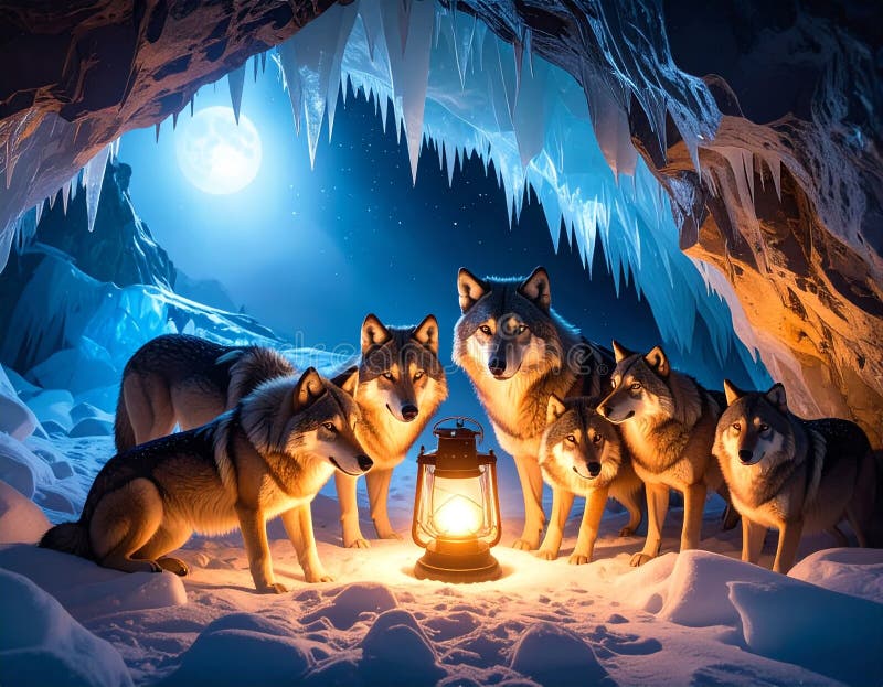 A Pack of Wolves Gathered Around a Glowing Lantern Inside an Ice Cave ...