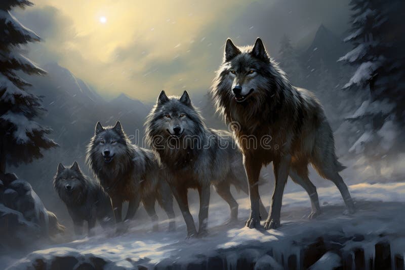 A Pack of Wolves Gracefully Walking through a Snowy Landscape, a Pack ...