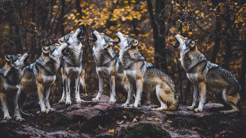 A Pack of Wolves Howling in the Forest Surrounded by Fall Foliage Stock ...