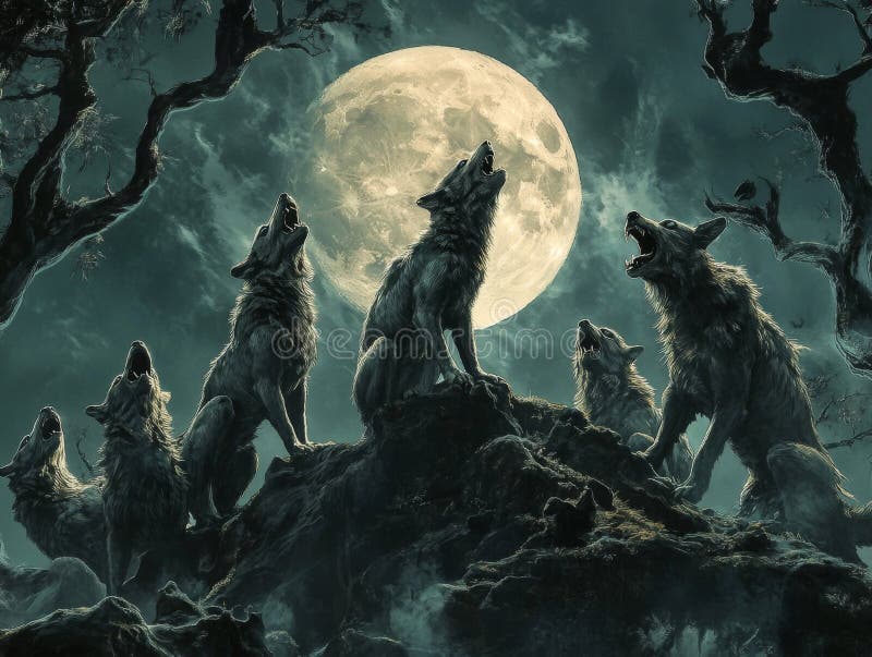 A Pack of Wolves Howling at the Full Moon in a Dark Forest Stock ...
