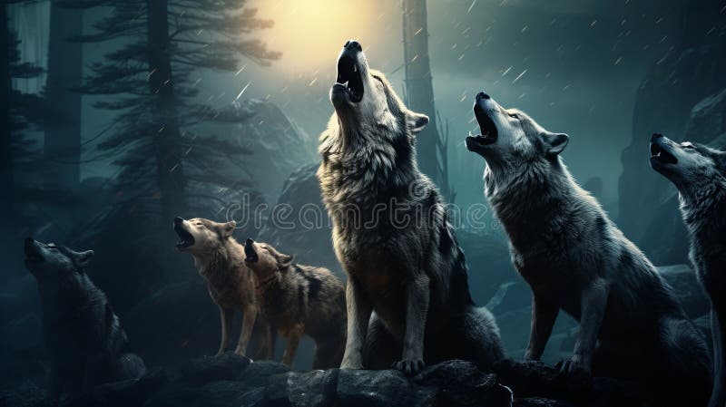 A Pack of Wolves Howling at the Moon AI Generated Stock Illustration ...