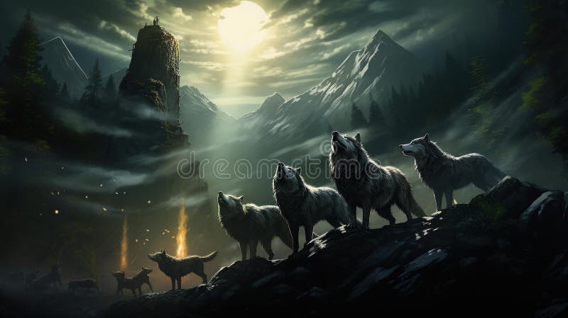 Wolves pack with moon stock image. Image of full, howling - 10652971