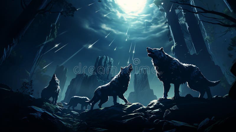 Wolves pack with moon stock image. Image of full, howling - 10652971