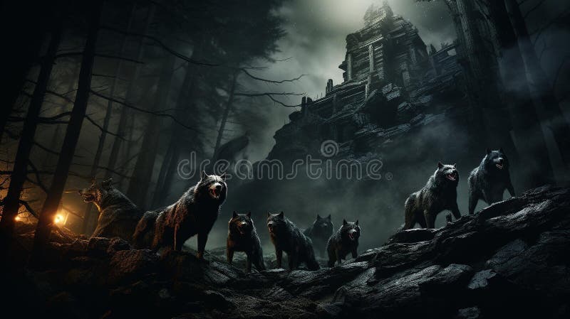 A Pack of Wolves Howling at Night Stock Illustration - Illustration of ...