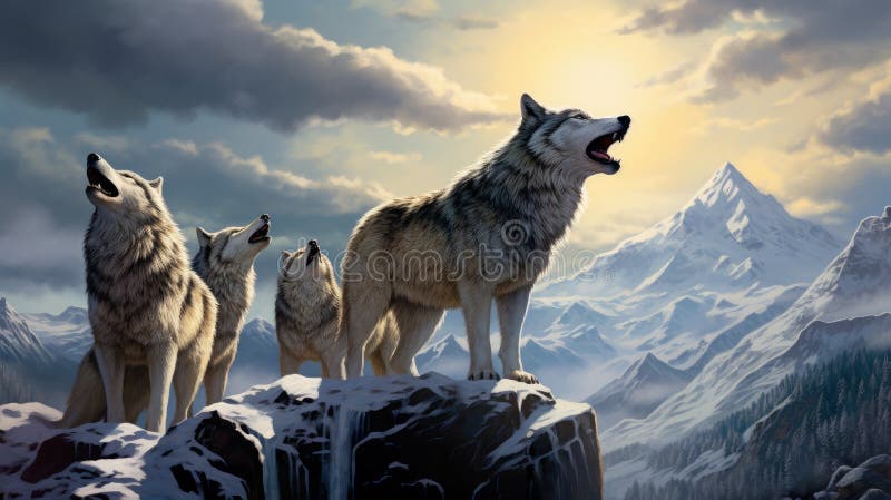 Pack of Wolves Howling on a Snowy Peak Stock Illustration ...