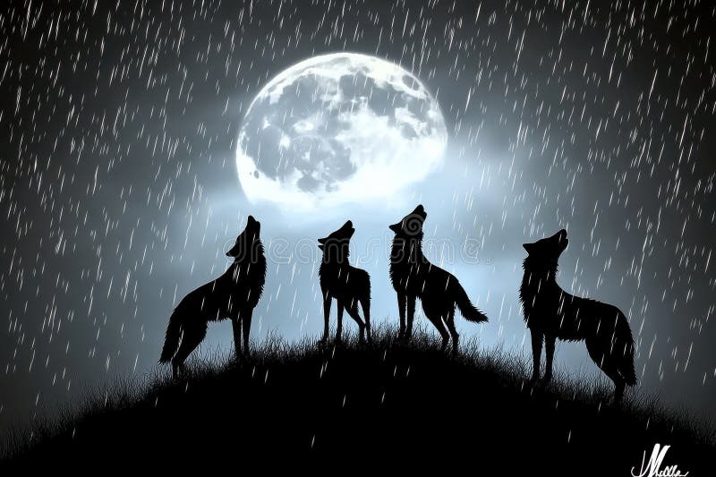 Pack of Wolves Howling Under a Full Moon Surrounded by Rain on a Dark ...