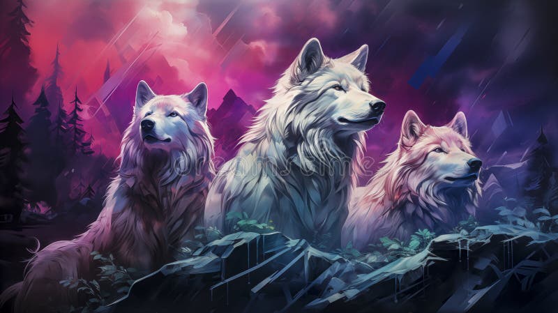 Pack of Wolves Howls Against a Vibrant Aurora Borealis Display in the ...