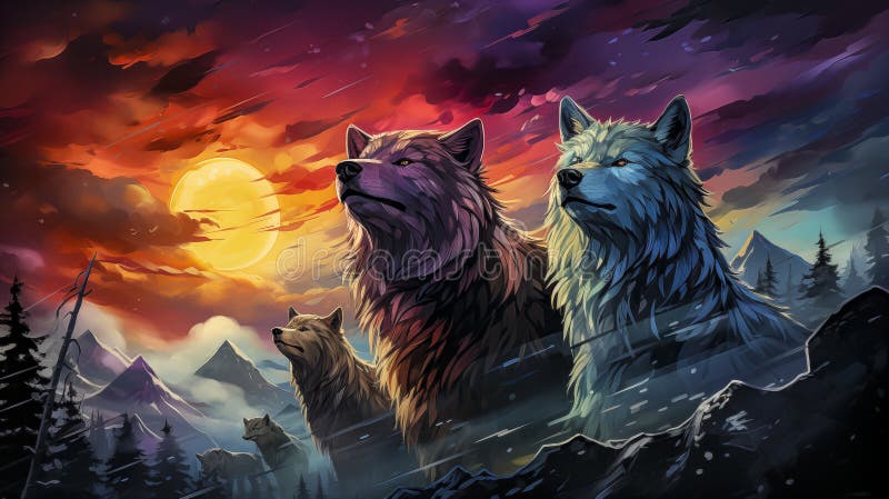 Pack of Wolves Howls Against a Vibrant Aurora Borealis Display in the ...