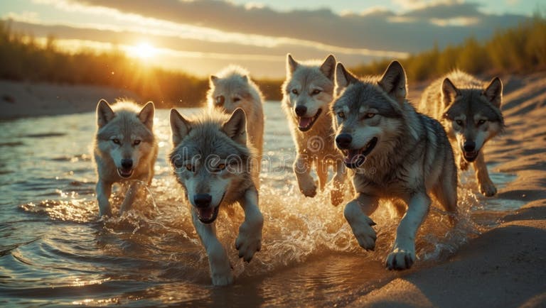 Majestic Wolves Running through Golden Sunset Water Stock Illustration ...