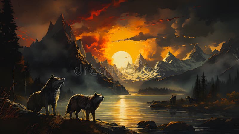 A Pack of Wolves by the Lake in the Mountains at Sunset. Generative AI ...