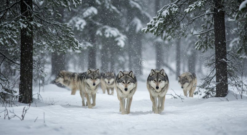 A Pack of Wolves Moves through a Snowy Forest, Surrounded by Dense Trees Stock Illustration ...