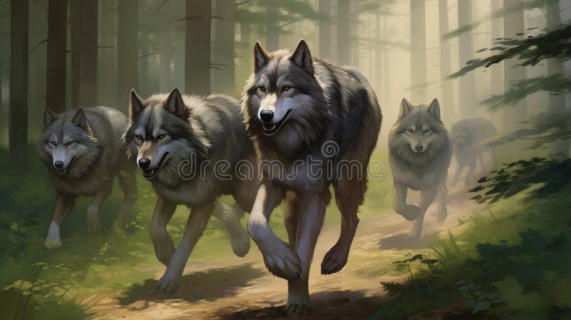 Pack of Wolves Moving through Forest Stock Illustration - Illustration ...