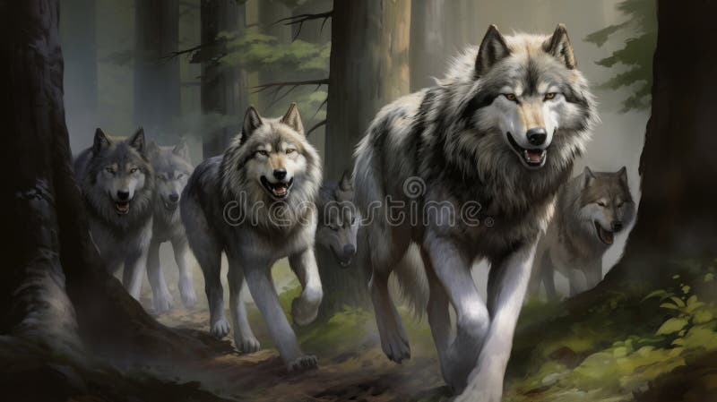 Pack of Wolves Moving through Forest Stock Illustration - Illustration ...