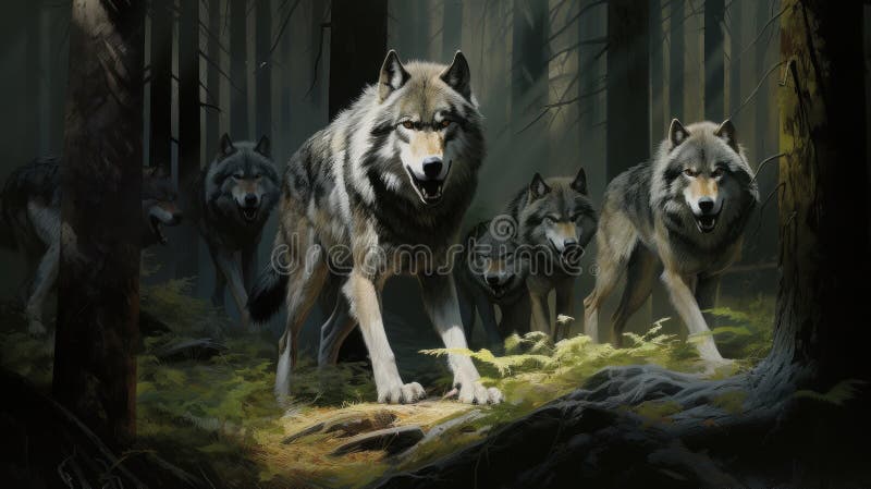 Pack of Wolves Moving through Forest Stock Illustration - Illustration ...