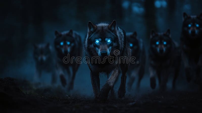 A Pack of Wolves with Glowing Eyes Run through the Dark Forest. Stock ...