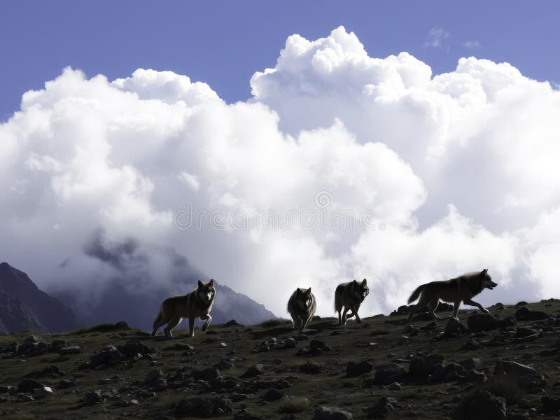 A Pack of Wolves Running Across a Rugged Mountain Terrain with Dramatic ...