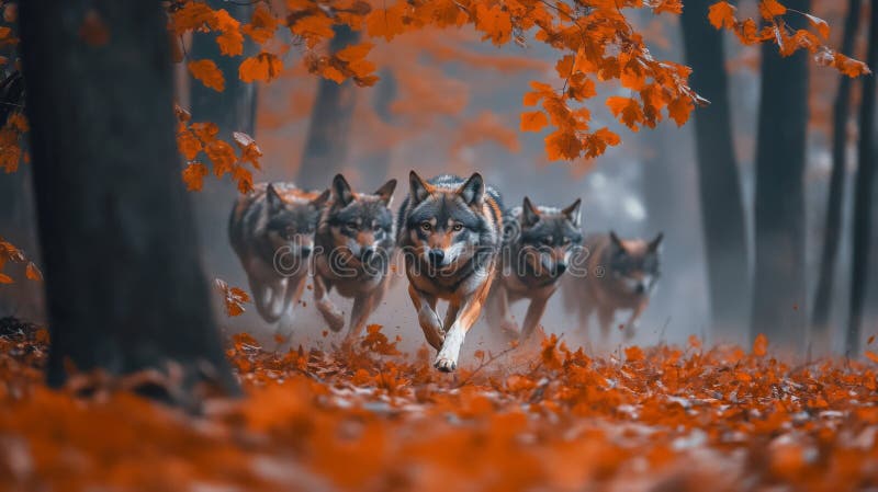 Pack of Wolves Running through Autumn Forest Stock Illustration ...