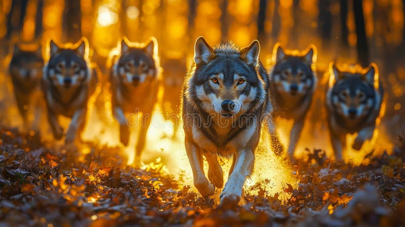 A Pack of Wolves Running through a Dense Forest at Dusk Stock Image ...