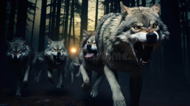 Pack of Wolves Running in the Forest at Dusk Stock Illustration ...