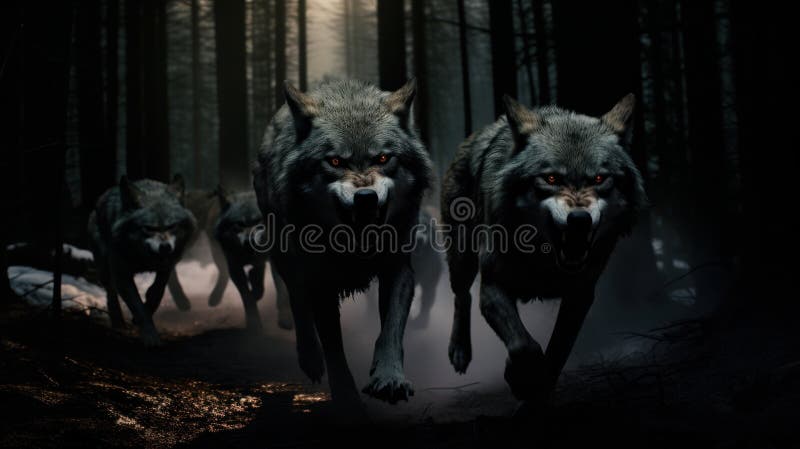 Pack of Wolves Running in the Forest at Dusk Stock Illustration ...