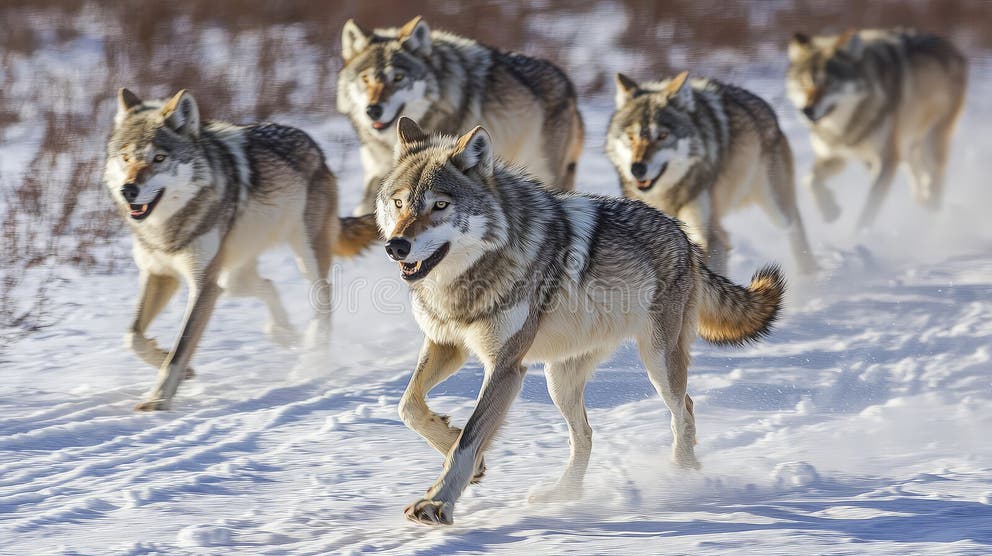 A Pack of Wolves Running through Snow Stock Photo - Image of snow, eyes ...