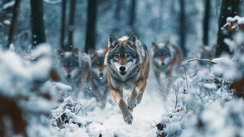 Pack of Wolves Running through the Snow Stock Photo - Image of nature ...