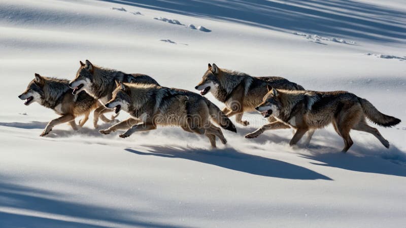 A Pack of Wolves Running through the Snow, Showcasing Their Agility and Natural Habitat Stock ...