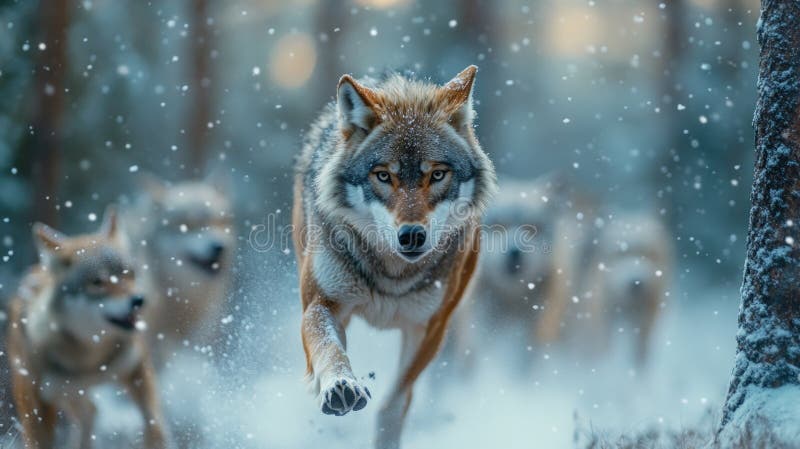 Pack of Wolves Running through the Snow Stock Photo - Image of woods ...