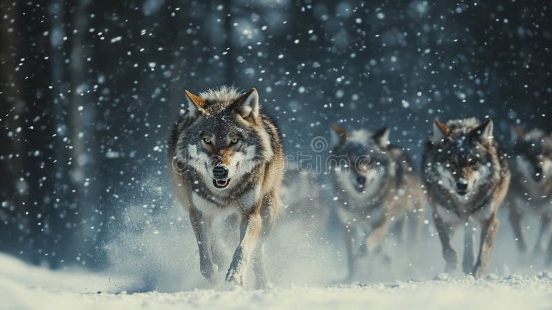 A Pack of Wolves Running through Snowfall in a Winter Landscape ...