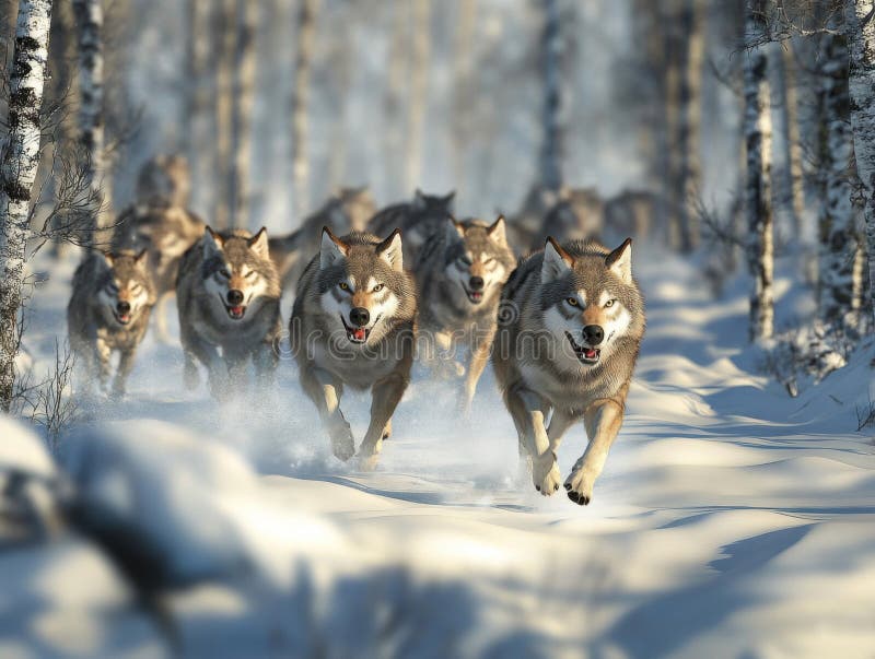 Pack of Wolves Running through Snowy Birch Forest Stock Illustration ...