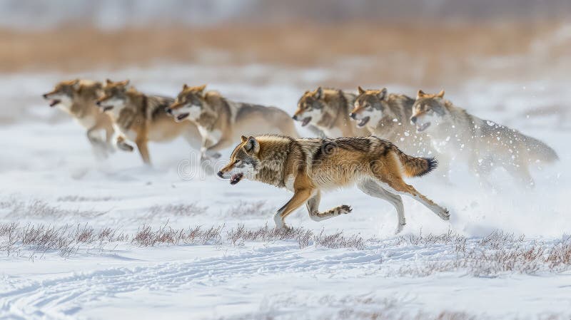 A Pack of Wolves Running through a Snowy Field, with a Focus on the ...