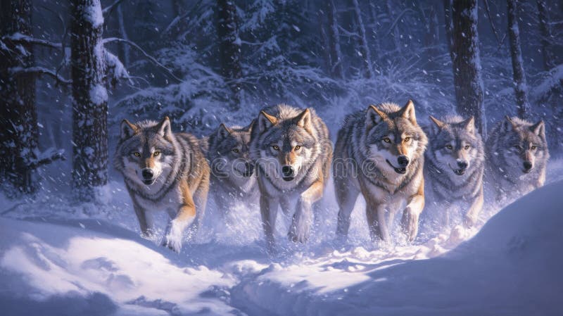 A Pack of Wolves Running through a Snowy Forest Stock Illustration ...