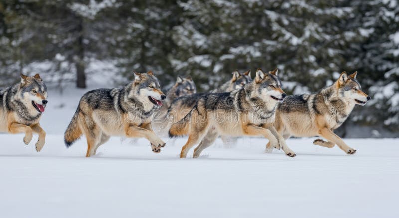 Pack of Wolves Running through Snowy Forest Landscape in Winter Stock ...