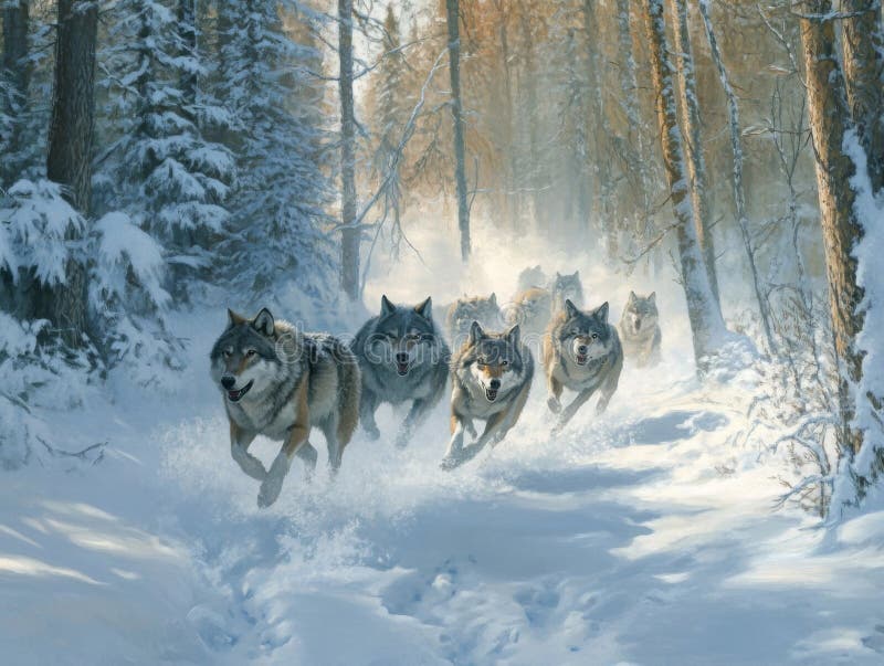 A Pack of Wolves Running through a Snowy Forest Stock Illustration ...